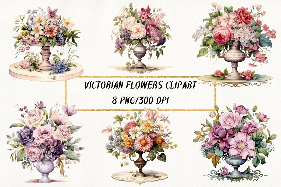 Watercolor Victorian Flowers Clipart, Vintage Flowers PNG Bundle, Retro ...