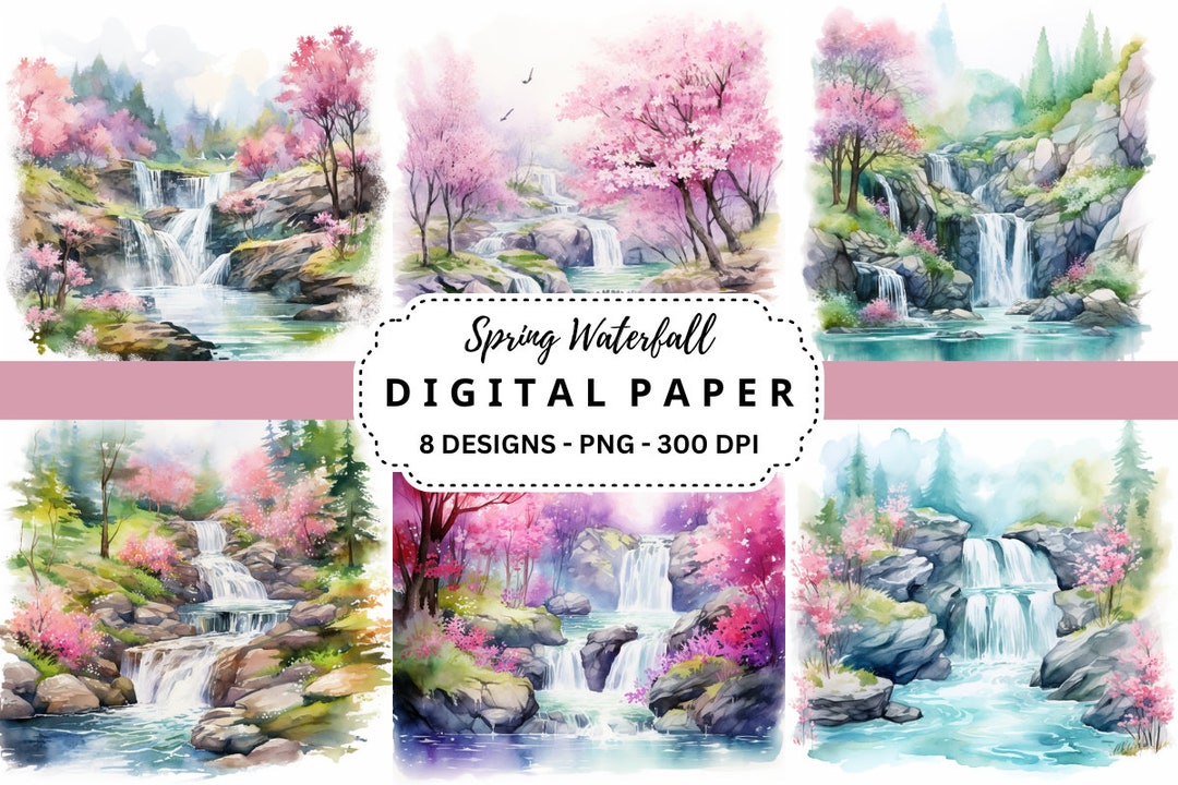Watercolor Spring Waterfalls Backgrounds, PNG Digital Paper (digital ...