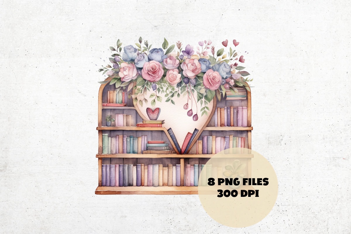 Romantic Bookshelf Clipart Bundle Watercolor Beautiful - Etsy