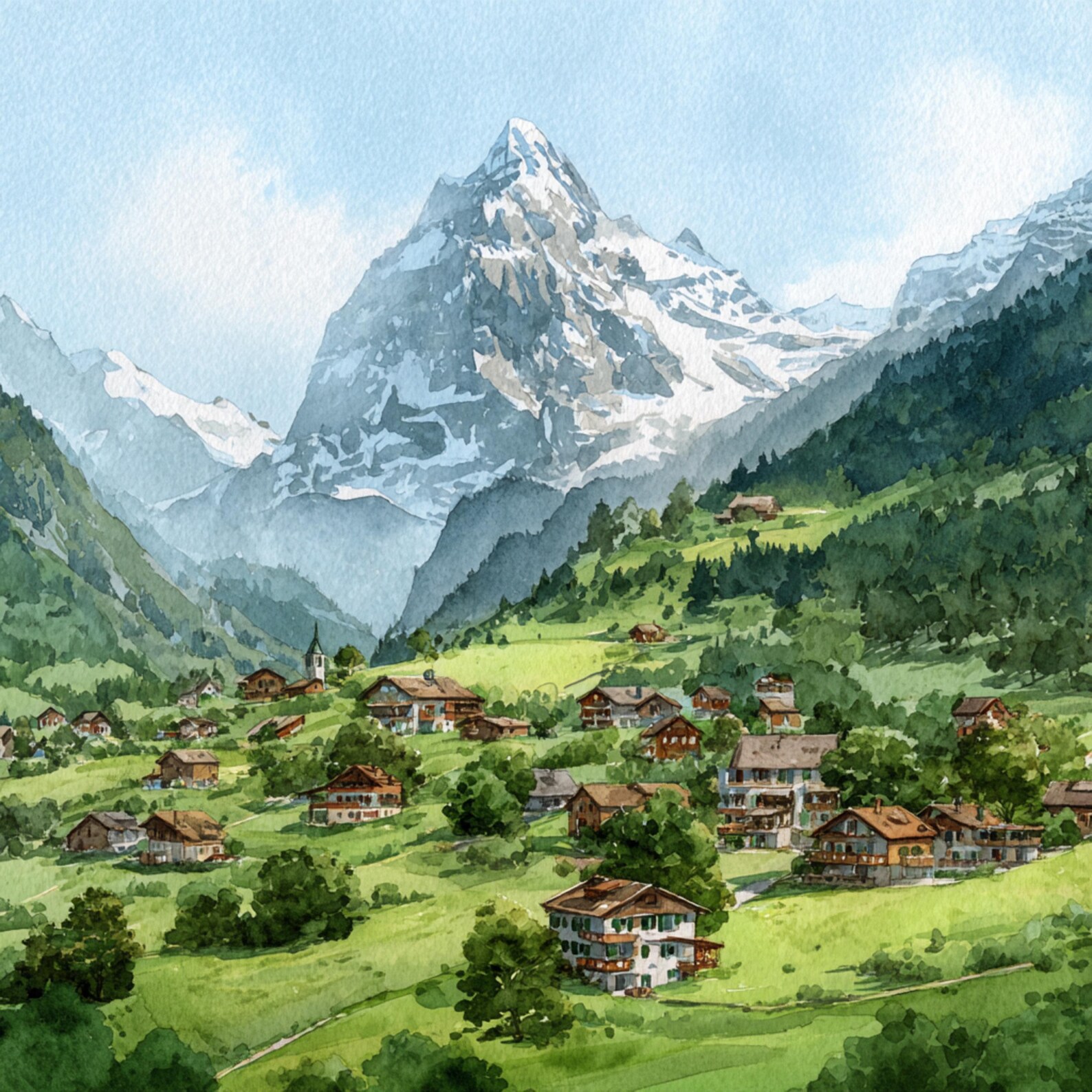 Swiss Alps Watercolor Images: Village Scenes for Scrapbooking (JPG ...