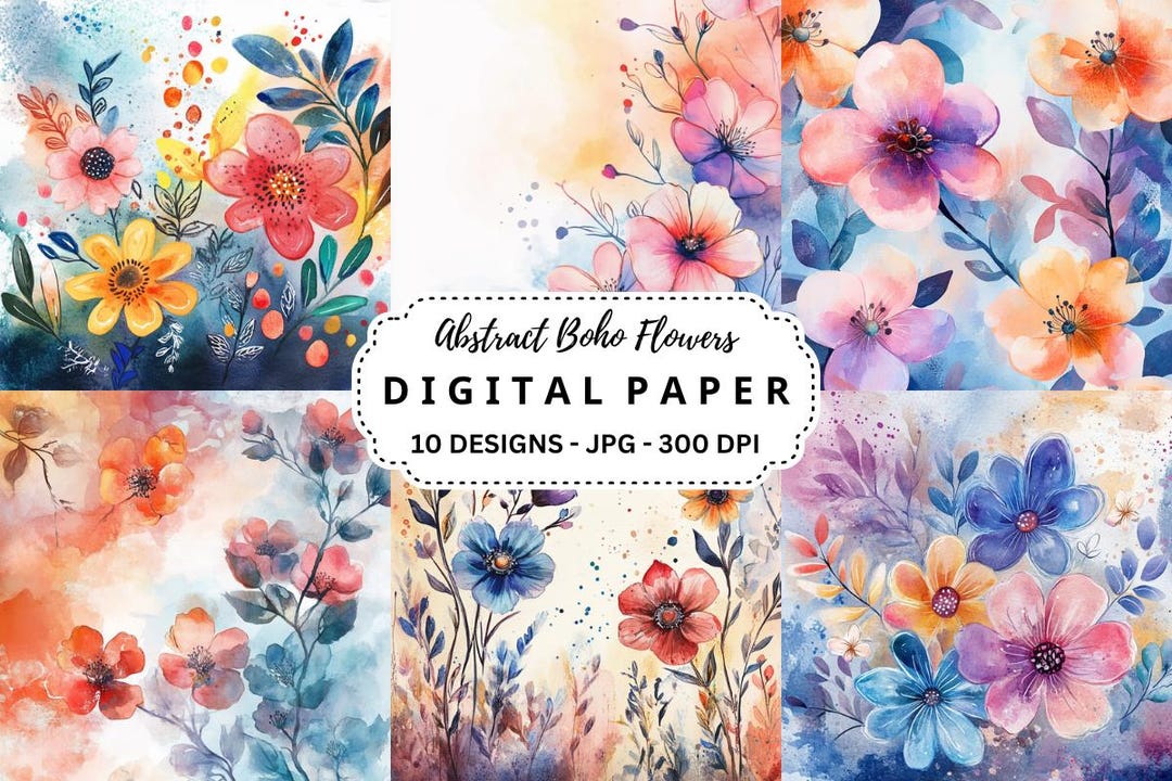 Watercolor Boho Flowers Clipart: Abstract Floral Digital Paper (JPG ...