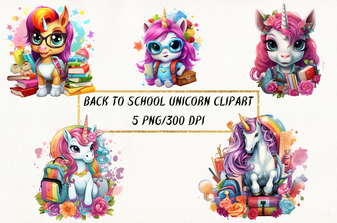 Back to School Unicorn Clipart, Cute School Unicorns PNG Bundle ...