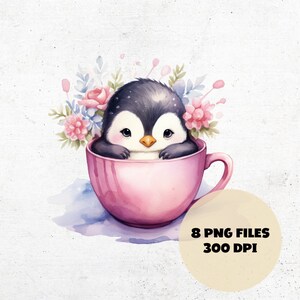 Watercolor Penguin in Cup Clipart, Sublimation PNG Bundle (digital ...