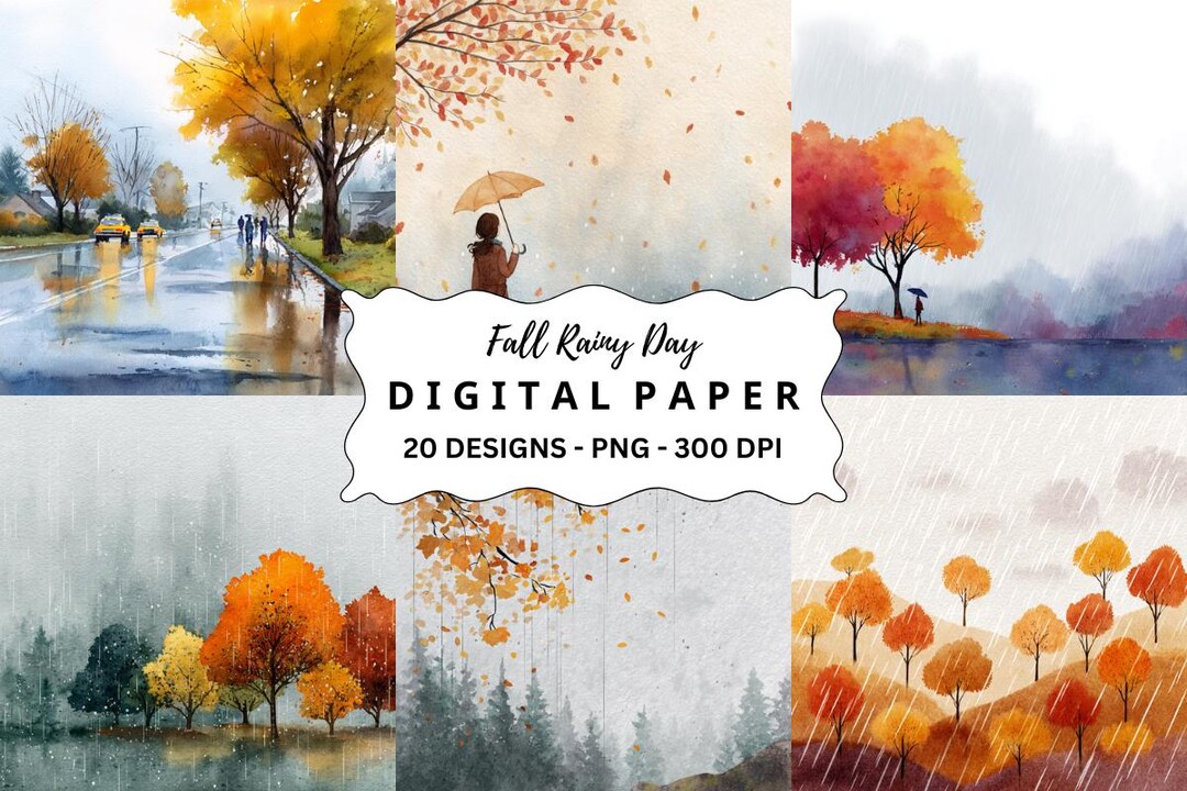 Watercolor Fall Rainy Day Backgrounds: 20 PNG Clipart Images (digital ...