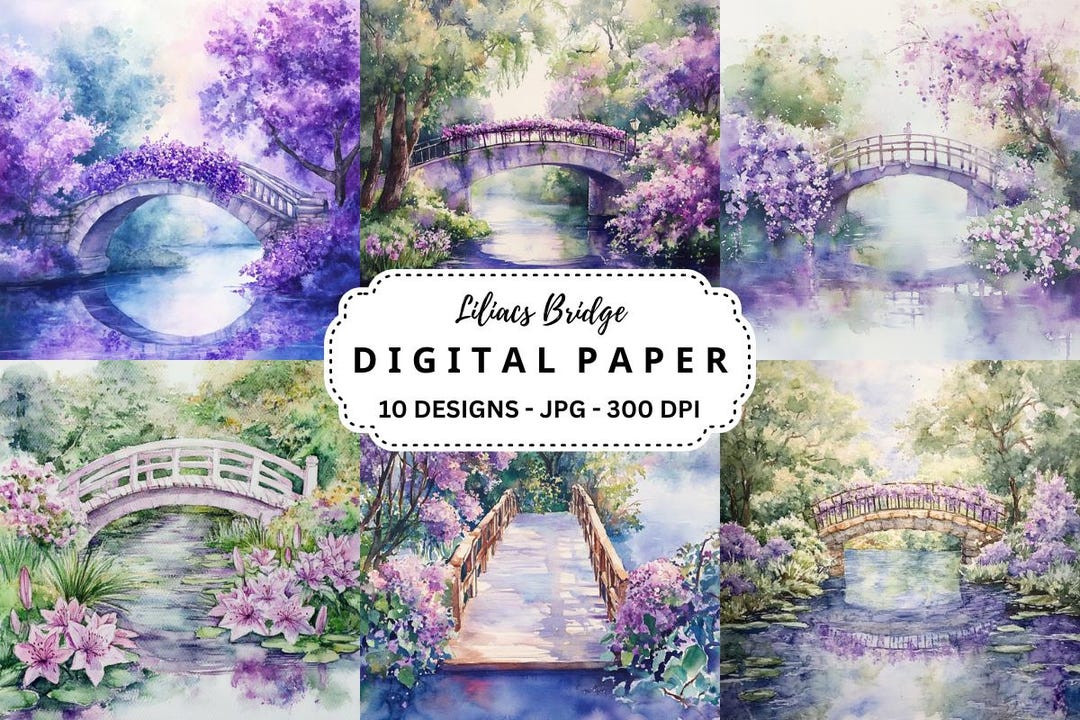Lilacs Bridge Watercolor Backgrounds: 10 JPG Images (digital Download ...
