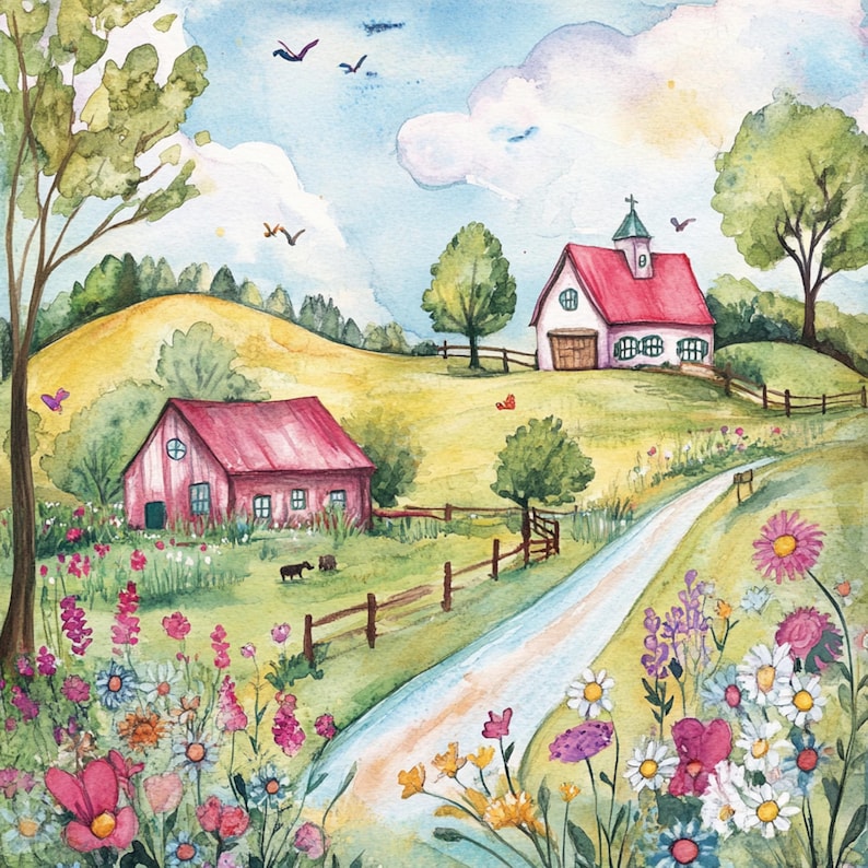 Whimsical Farm Clipart: Watercolor Country Scenes (JPG Digital Download ...