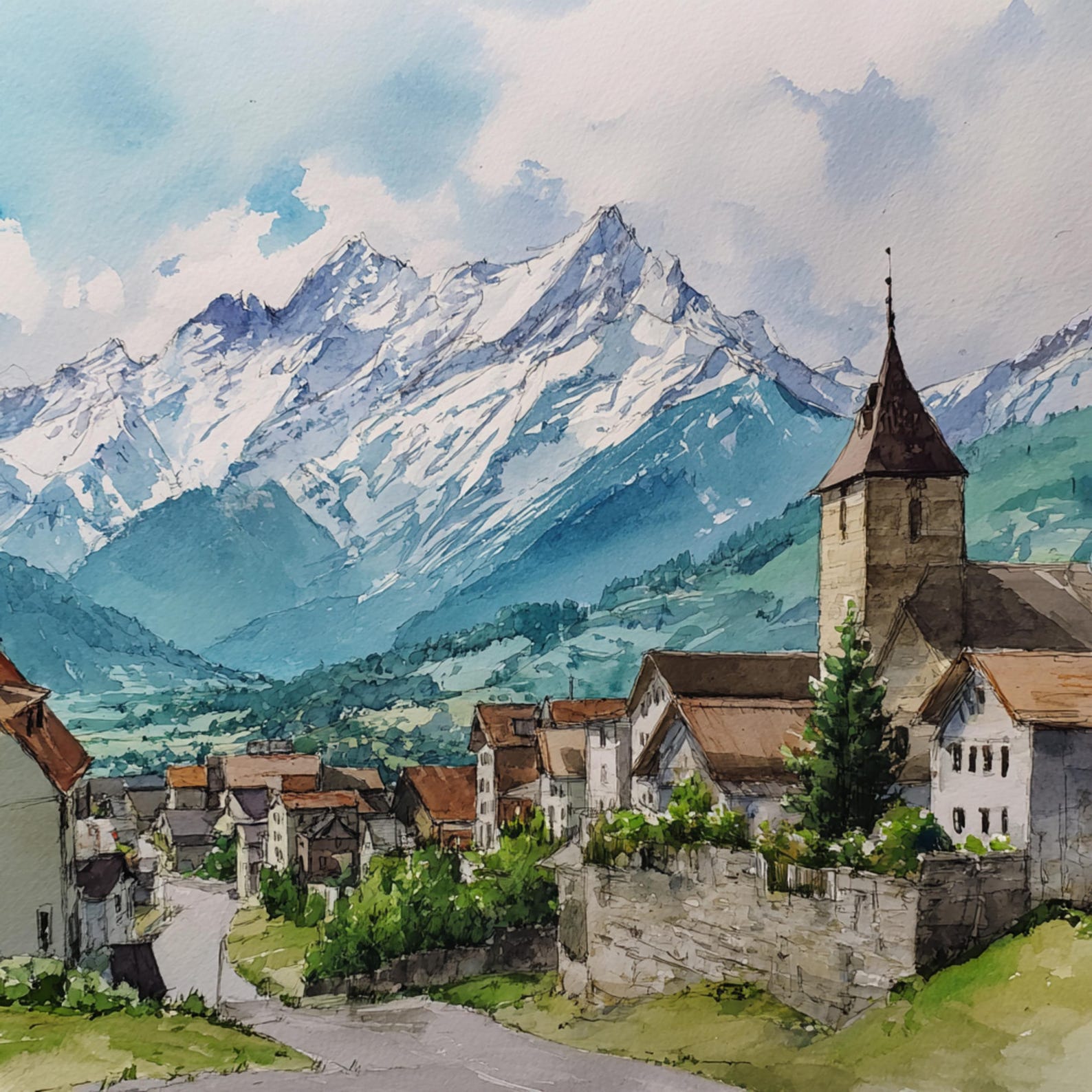 Swiss Alps Watercolor Images: Village Scenes for Scrapbooking (JPG ...