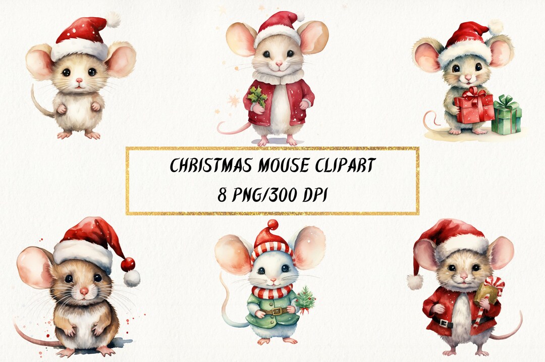 Christmas Mouse Watercolor Clipart, Cute Mouse PNG Bundle, High Quality ...