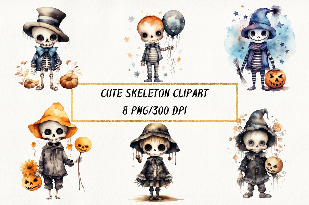 Watercolor Cute Skeleton Clipart, Halloween Skeleton PNG Bundle, Spooky ...