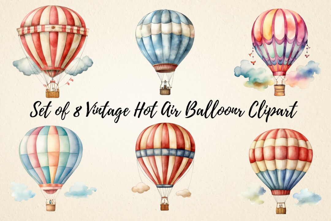 Vintage Hot Air Balloons Watercolor Clipart, High Quality Pngs, Card ...