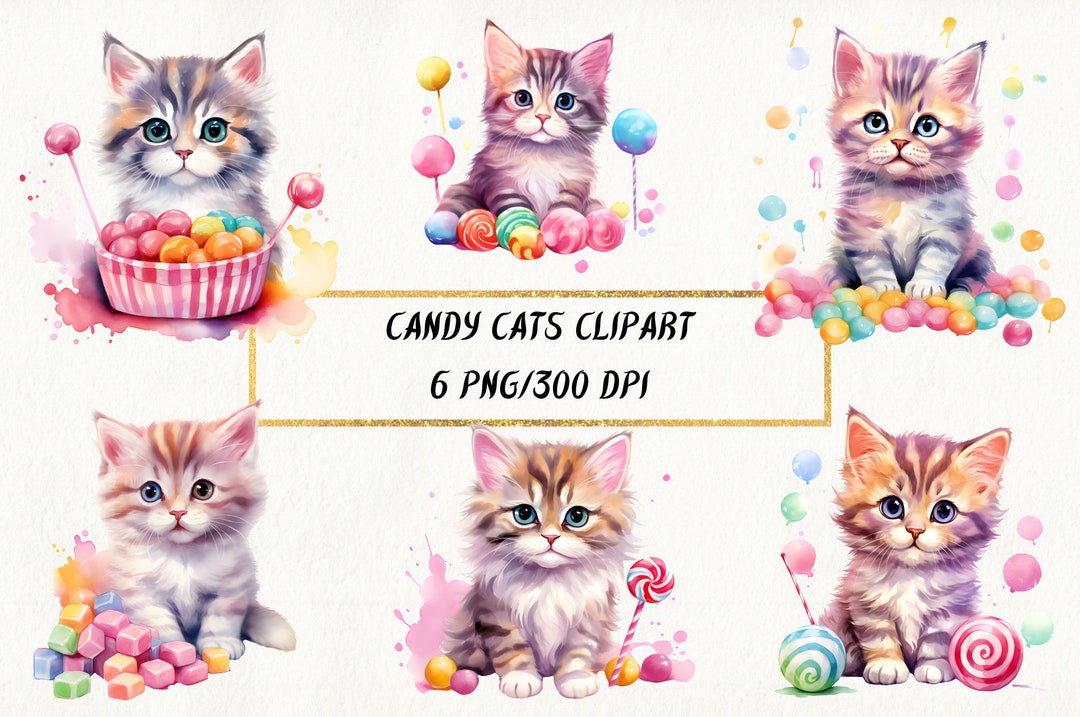 Watercolor Candy Cats Clipart, Cat Sticker, Cute Cats PNG Bundle for ...
