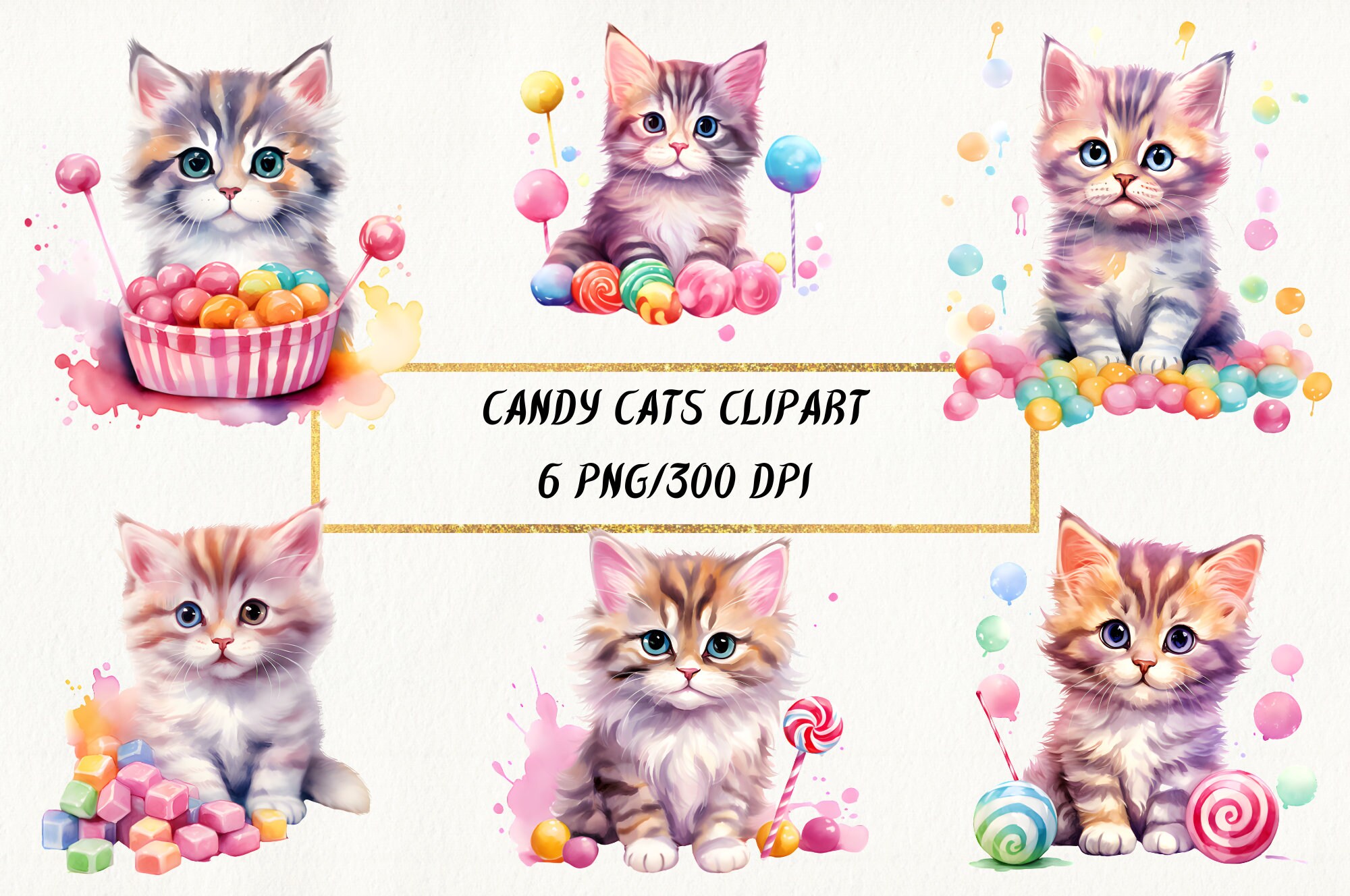 Watercolor Candy Cats Clipart Cat Sticker Cute Cats PNG - Etsy