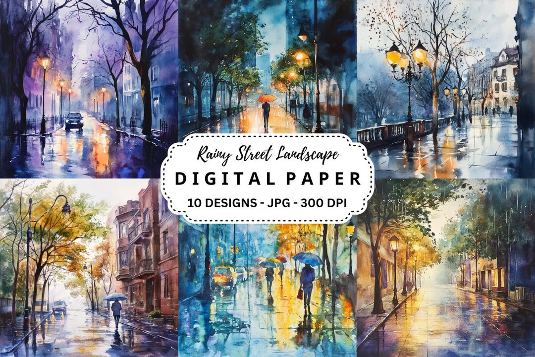Rainy Street Landscape Backgrounds, Watercolor Digital Papers for Junk ...