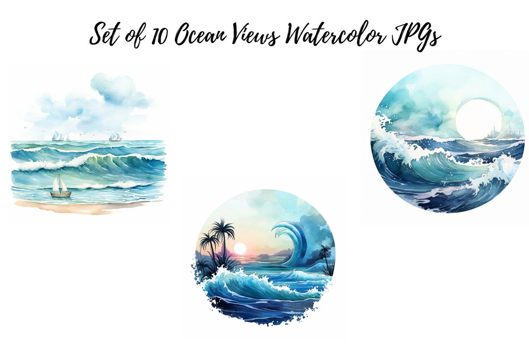 Watercolor Ocean Views Clipart, High Quality Jpgs, Beach Clipart, Ocean ...