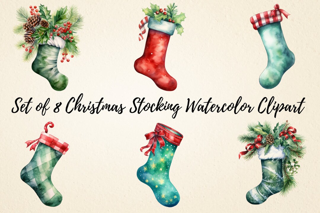 Christmas Stocking Clipart, Watercolor Graphics for Holiday Party ...