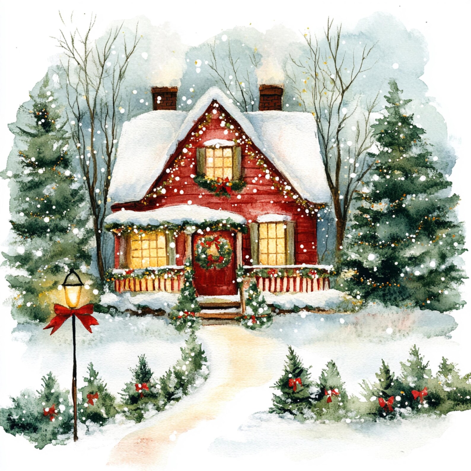 Watercolor Christmas House Digital Paper: Rustic Winter Backgrounds ...