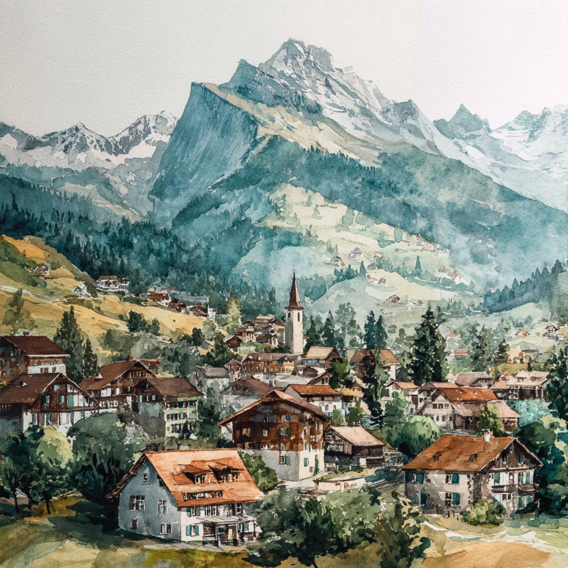 Swiss Alps Watercolor Images: Village Scenes for Scrapbooking (JPG ...
