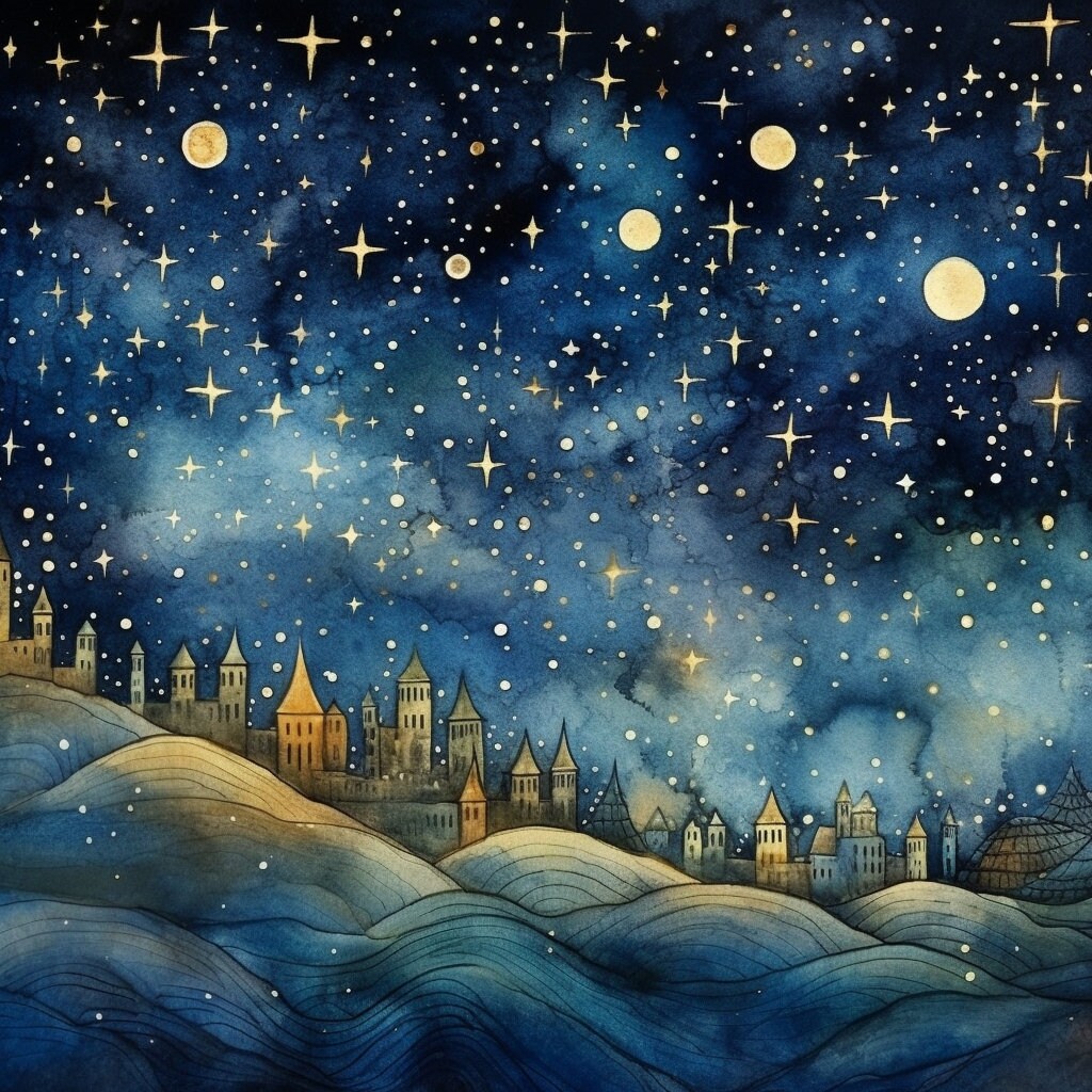 Watercolor Starry Night Digital Paper: Vintage Fantasy Backgrounds (PNG ...