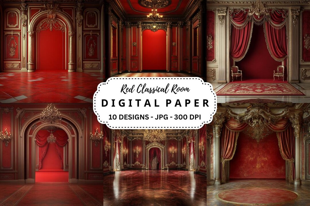 Red Classical Room Backdrops Bundle, 10 High Quality Jpgs Backgrounds ...