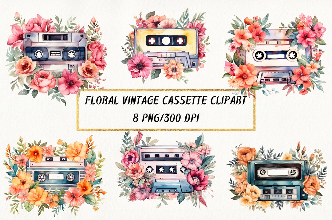 Watercolor Floral Vintage Cassette Clipart, Retro Cassette PNG Bundle ...