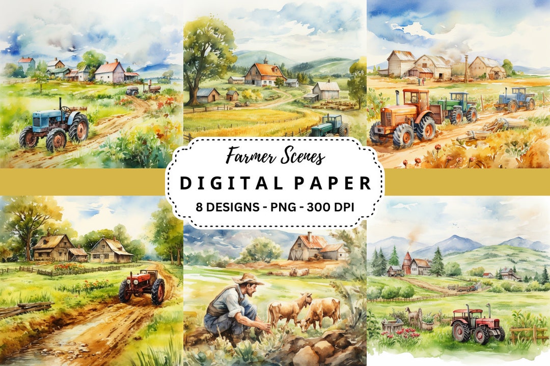 Watercolor Farm Scenes Digital Paper: PNG Clipart Bundle (300 DPI) - Etsy