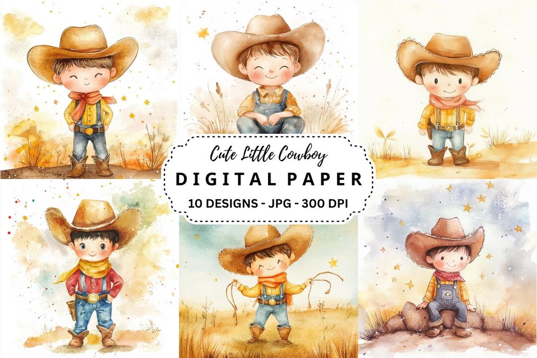 Cute Little Cowboy Images Bundle, High Quality Jpgs Illustrations for ...
