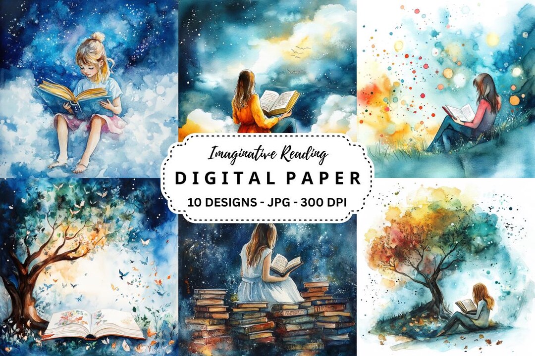 Watercolor Reading Clipart: Imaginative JPG Backgrounds (digital ...