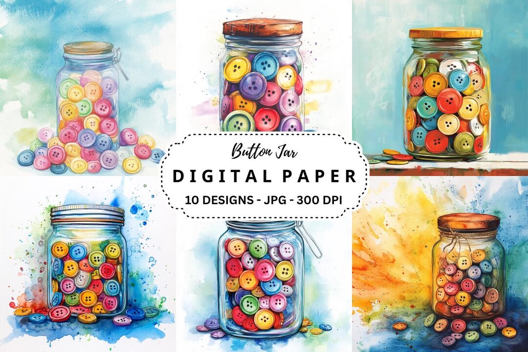 Button Jar Watercolor Clipart: Digital Paper Bundle (digital Download ...