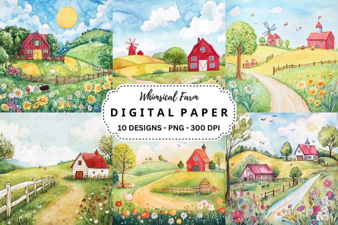 Whimsical Farm Clipart: Watercolor Country Scenes (JPG Digital Download ...