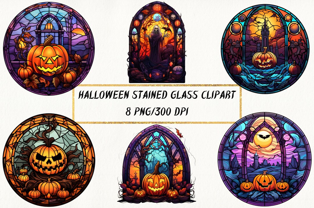 Halloween Stained Glass Clipart, Happy Halloween Stained Glass Art PNG ...