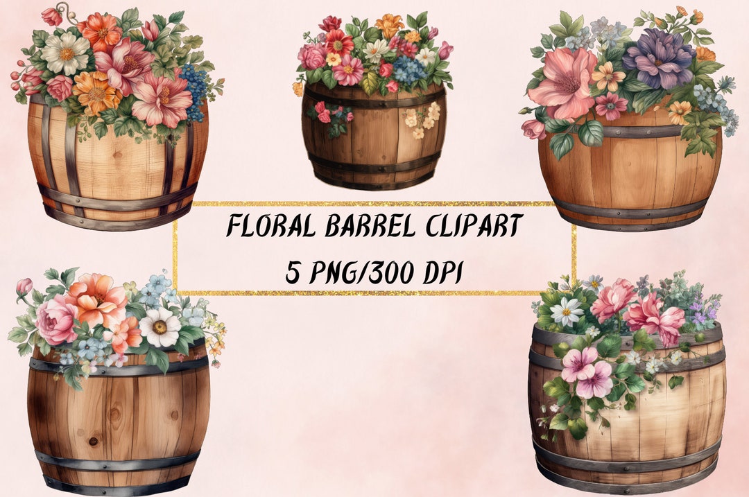 Watercolor Floral Barrel Clipart, Rustic Flower Barrels PNG Pack ...