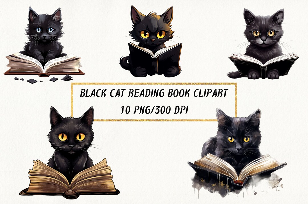 Black Cat Reading Book Clipart, Mystical Clipart, Black Kitty With Book ...