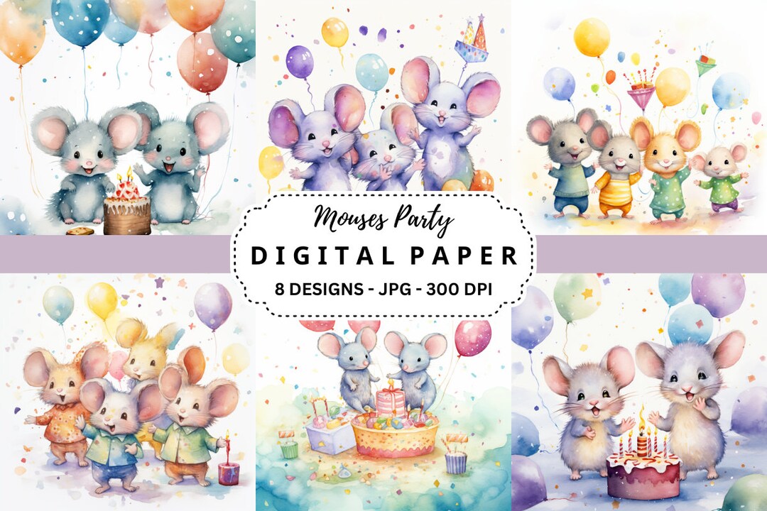 Mice Party Digital Paper: Watercolor Mouse Birthday Jpgs (digital ...