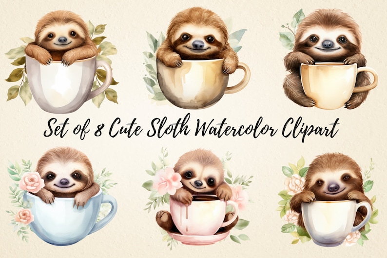Adorable Sloth in Cup Clipart Bundle Watercolor Sweet Sloth - Etsy