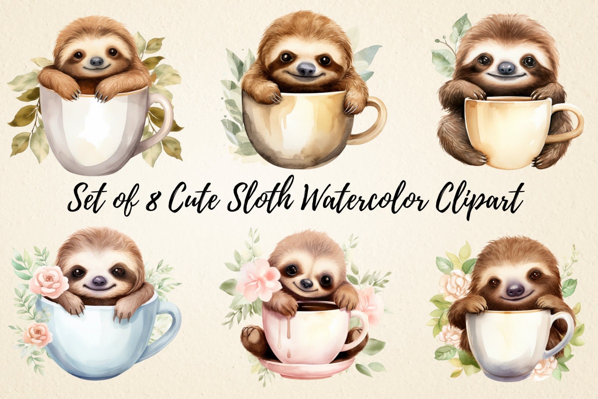 Adorable Sloth in Cup Clipart Bundle Watercolor Sweet Sloth - Etsy