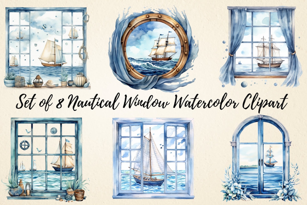 Nautical Window Clipart Bundle: Watercolor Coastal PNG Images (digital ...