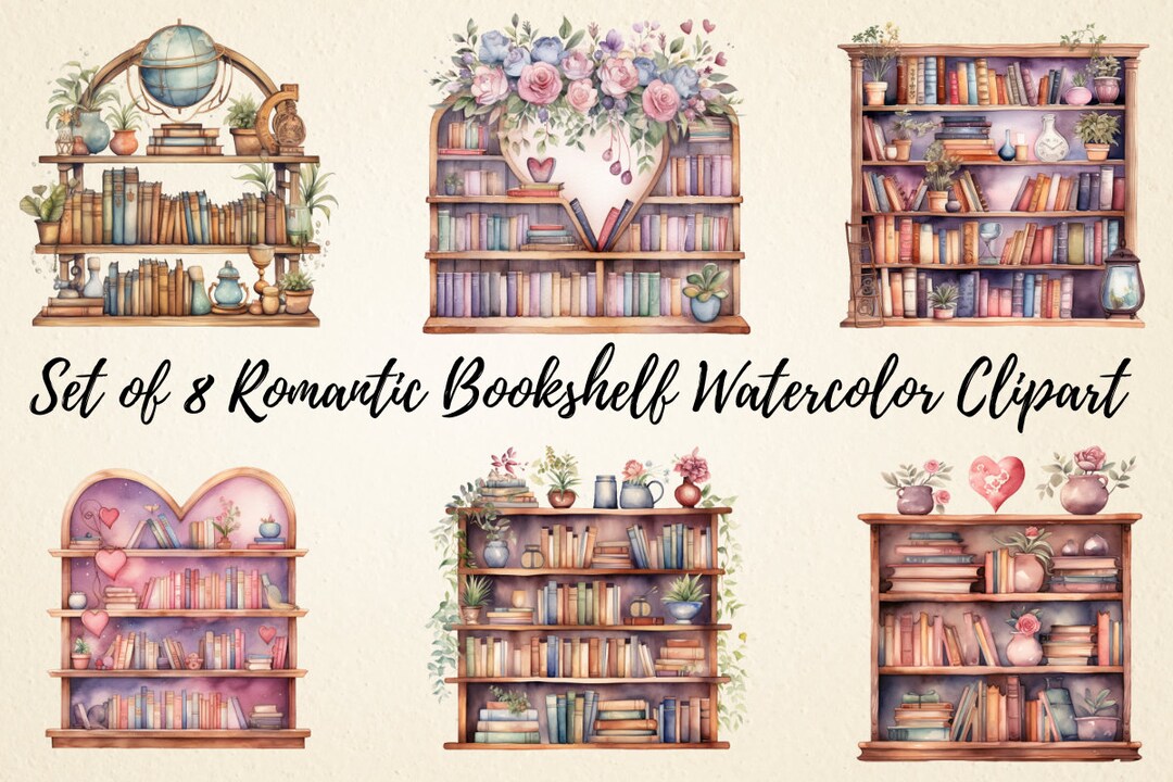 Romantic Bookshelf Clipart Bundle, Watercolor Beautiful Bookshelf High ...