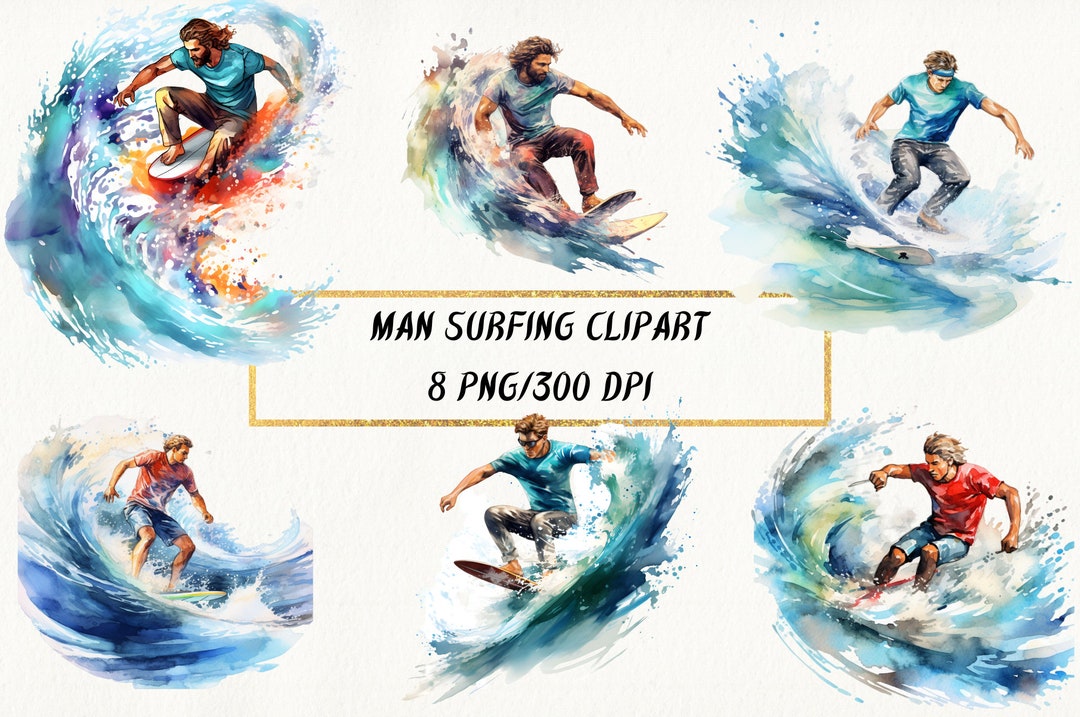 Watercolor Man Surfing Clipart, Man on Surfboard Clipart PNG Bundle ...