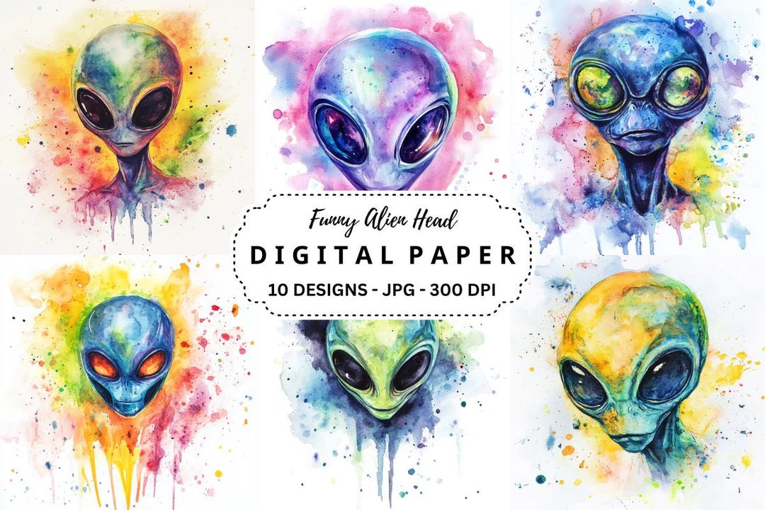 Funny Alien Head Watercolor Clipart, 10 High Quality Jpgs Backgrounds ...