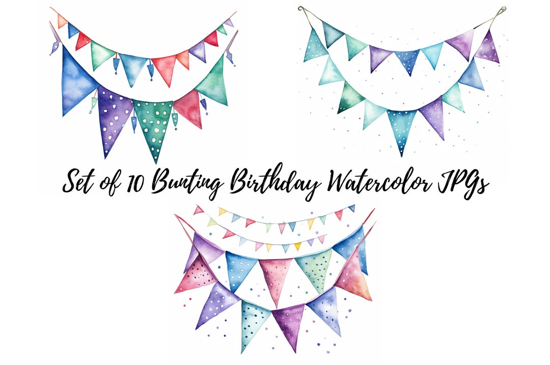 Watercolor Bunting Clipart: Birthday Banner Set (10 Jpgs) - Etsy