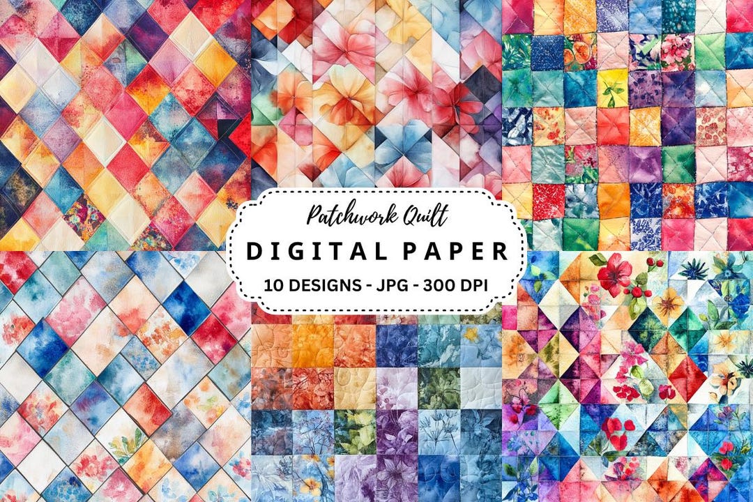 Watercolor Patchwork Quilt Digital Paper: 10 JPG Backgrounds (instant ...