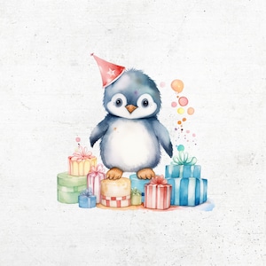 Watercolor Penguin Birthday Clipart, Cute Penguin Party PNG Bundle ...