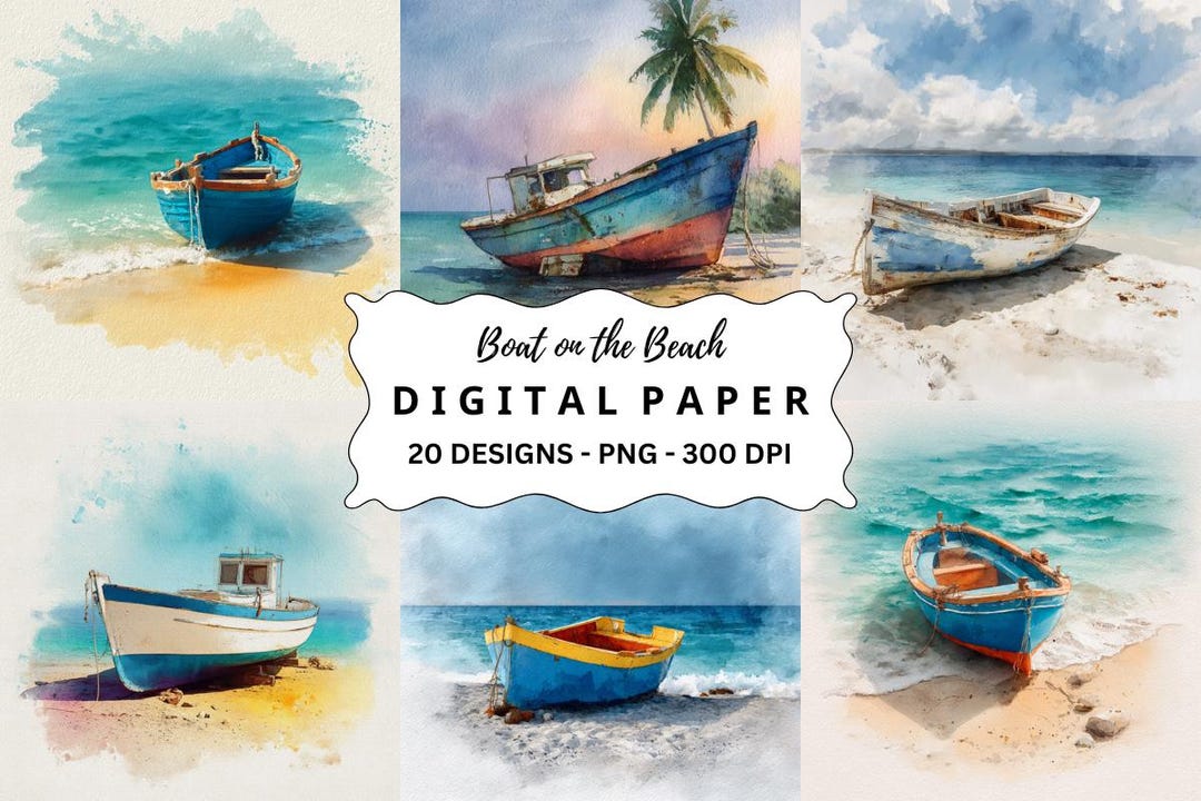 Watercolor Boat on Beach Clipart: 20 PNG Illustrations (digital ...