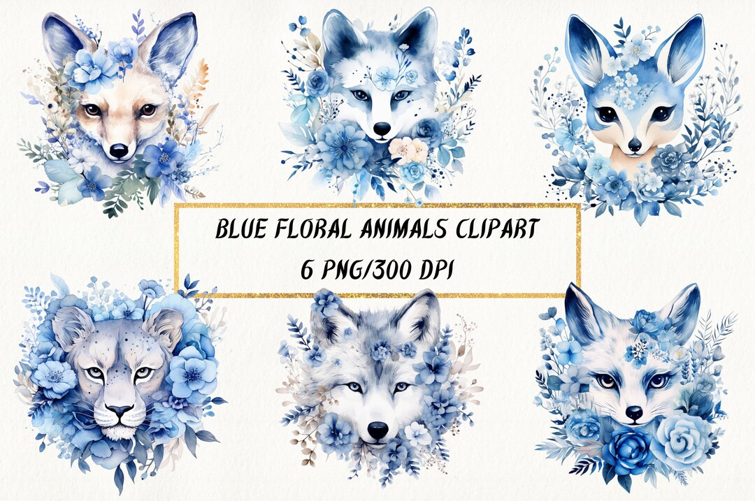 Watercolor Blue Floral Animals Clipart, Wild Blue Animal PNG Bundle for ...