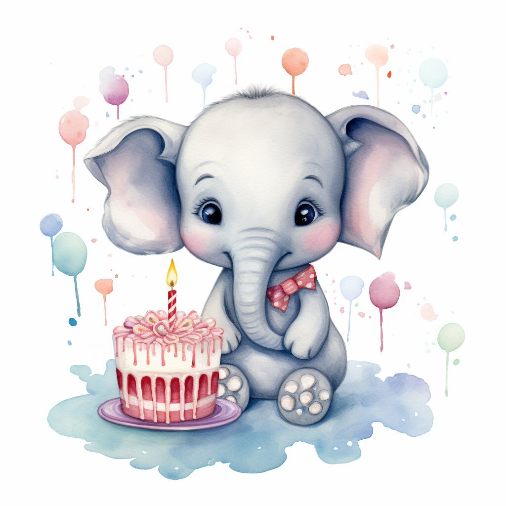 Watercolor Elephant Birthday Clipart 10 Cute Elephant Happy - Etsy