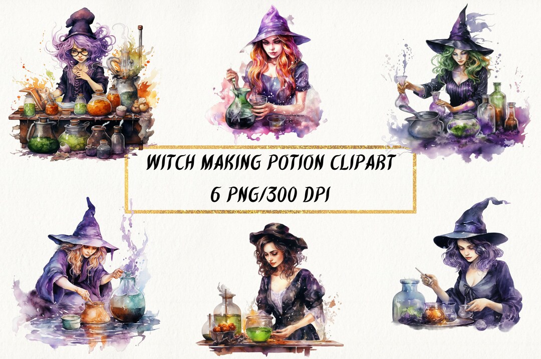 Watercolor Witch Making Potion Clipart, Mystical Clipart, Witch Making ...