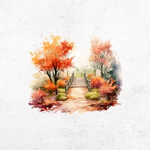 Watercolor Autumn Garden Landscape Clipart, Fall Garden PNG Bundle for ...