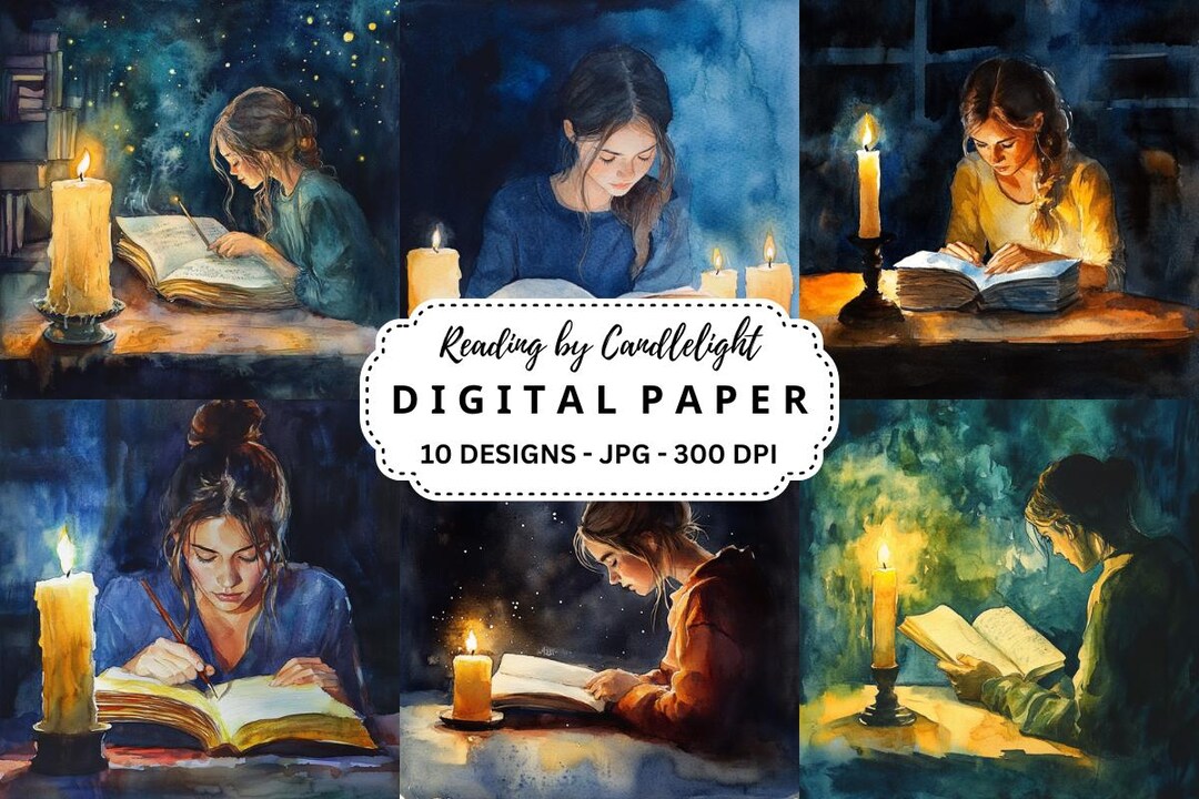 Candlelight Reading Clipart Bundle: Watercolor JPG Images (digital ...