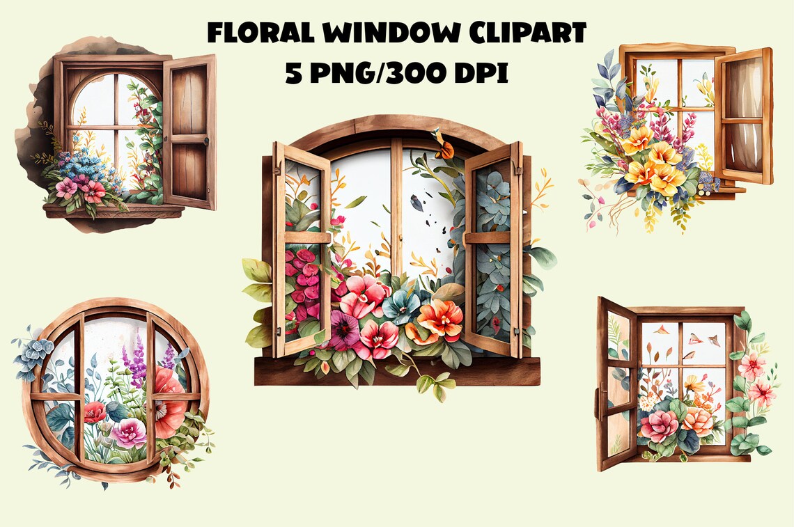 Floral Window Watercolor Clipart Bundle, Spring Windows Clip Art, Cute ...
