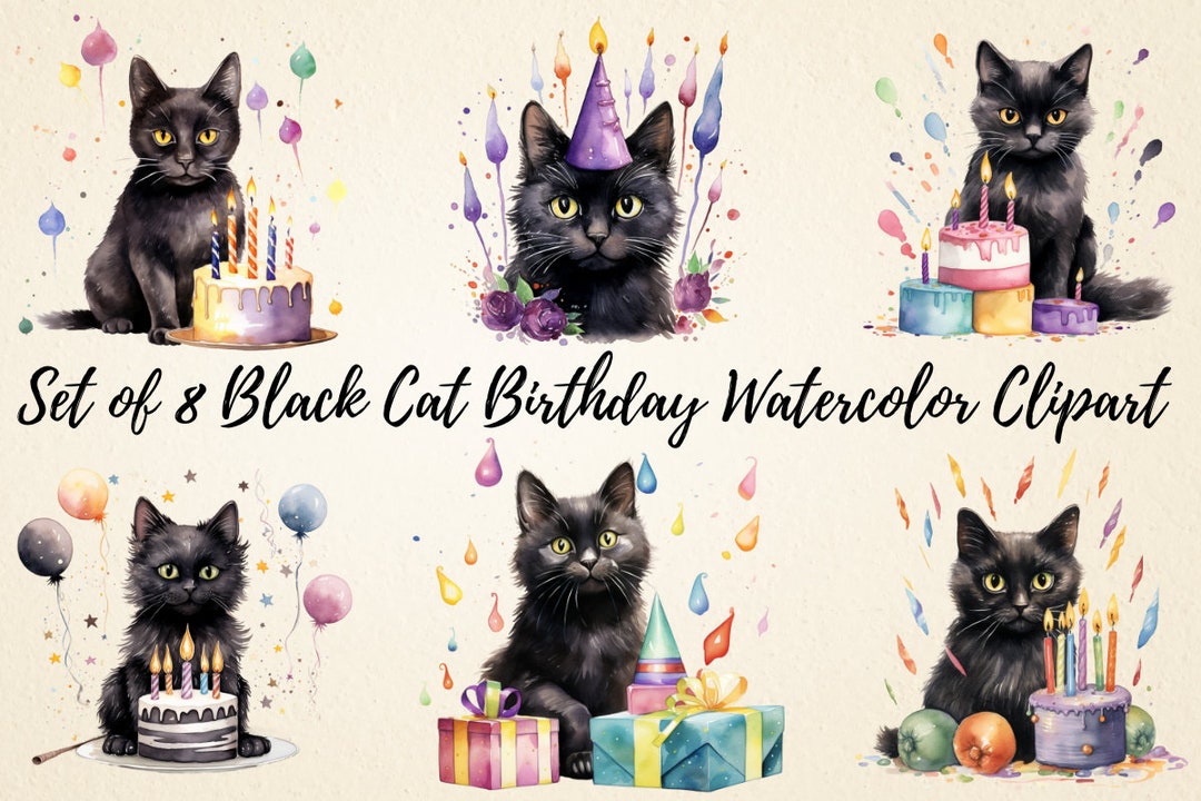 Black Cat Birthday Clipart Bundle, Happy Birthday Black Cat Watercolor ...